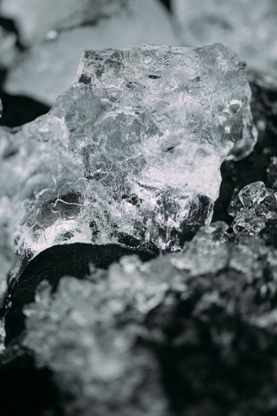 Free Stock Photo of Close-up of clear ice chunks featuring intricate ...
