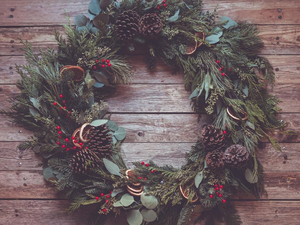 Free Stock Photo of Festive Christmas wreath on rustic wooden ...