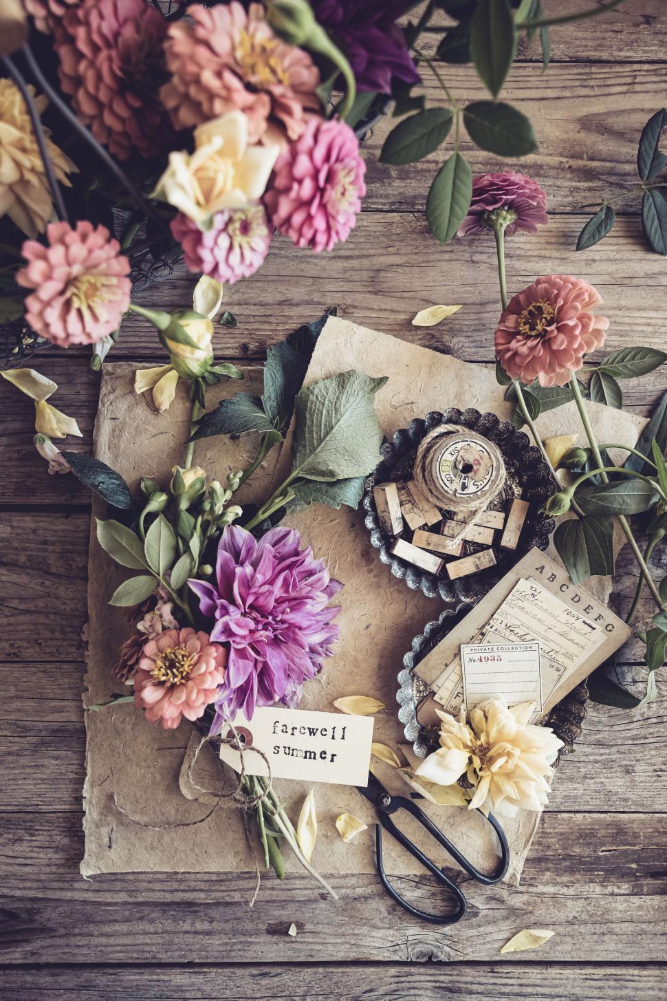 Free Stock Photo of Artistic flat lay composition with flowers, papers ...