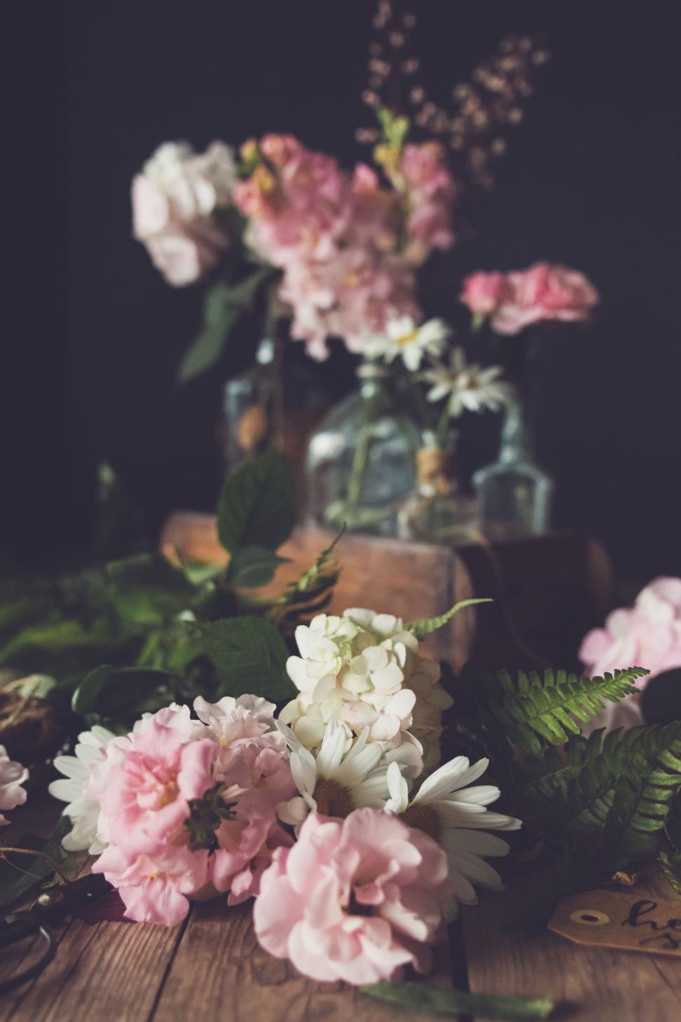 Free Stock Photo of Vintage flower arrangement with ferns, daisies, and ...