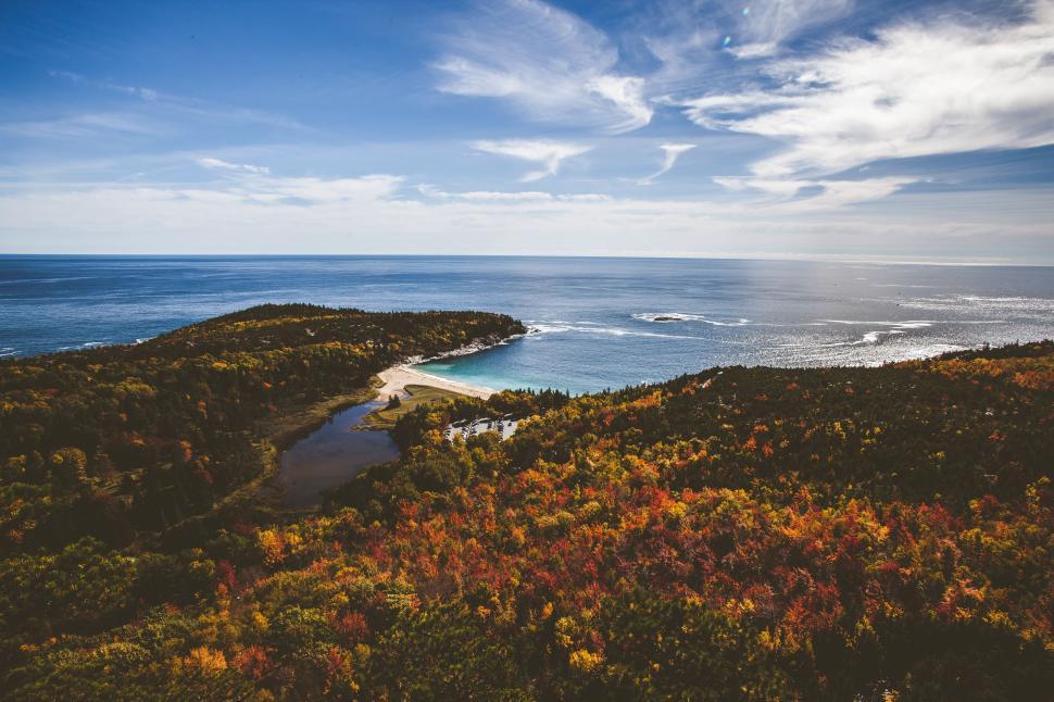 Free Stock Photo of Coastal landscape with autumn foliage and sandy ...