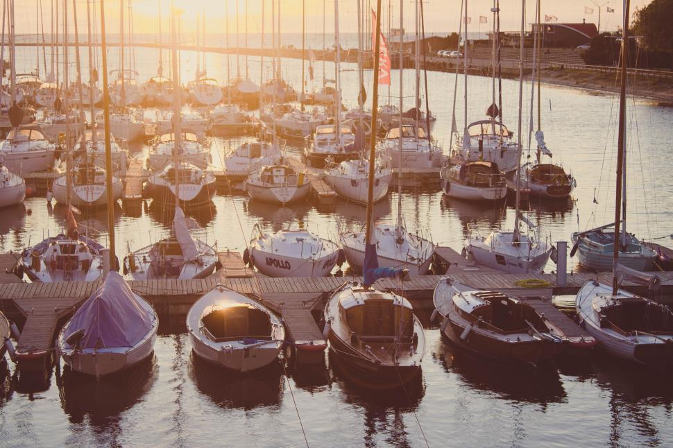 Free Stock Photo of Scenic view of a marina at sunrise with boats on a ...