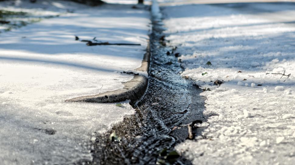 Free Stock Photo of Snowy and icy curbside with a flowing stream ...