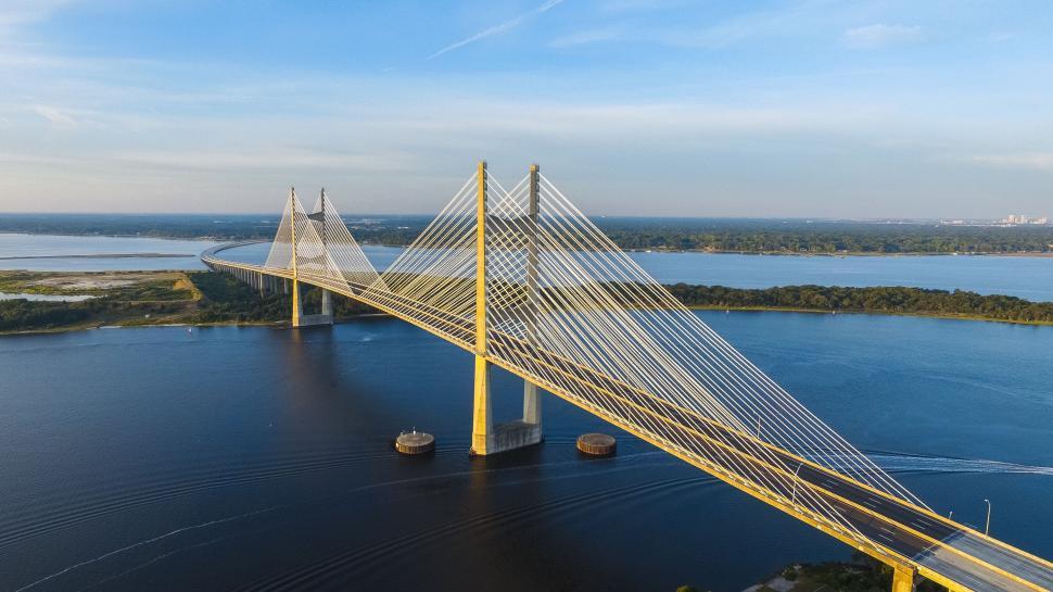 Free Stock Photo of Aerial view of a large cable-stayed bridge over a ...