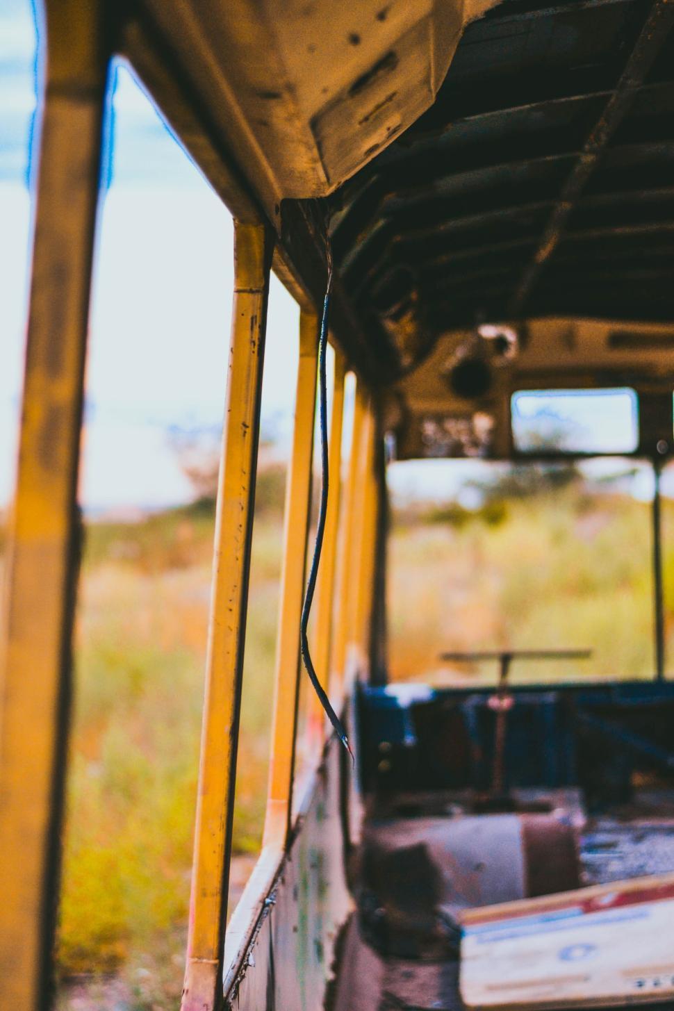 Free Stock Photo of Inside view of an abandoned yellow bus with broken ...