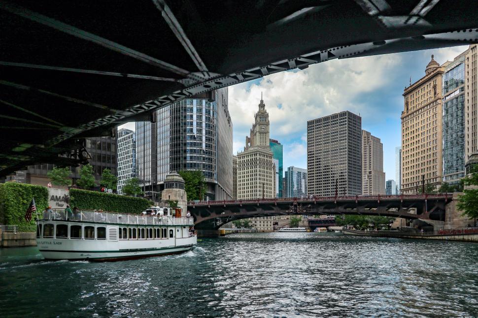 Free Stock Photo of Under the Bridge View of Chicago River with Passing ...