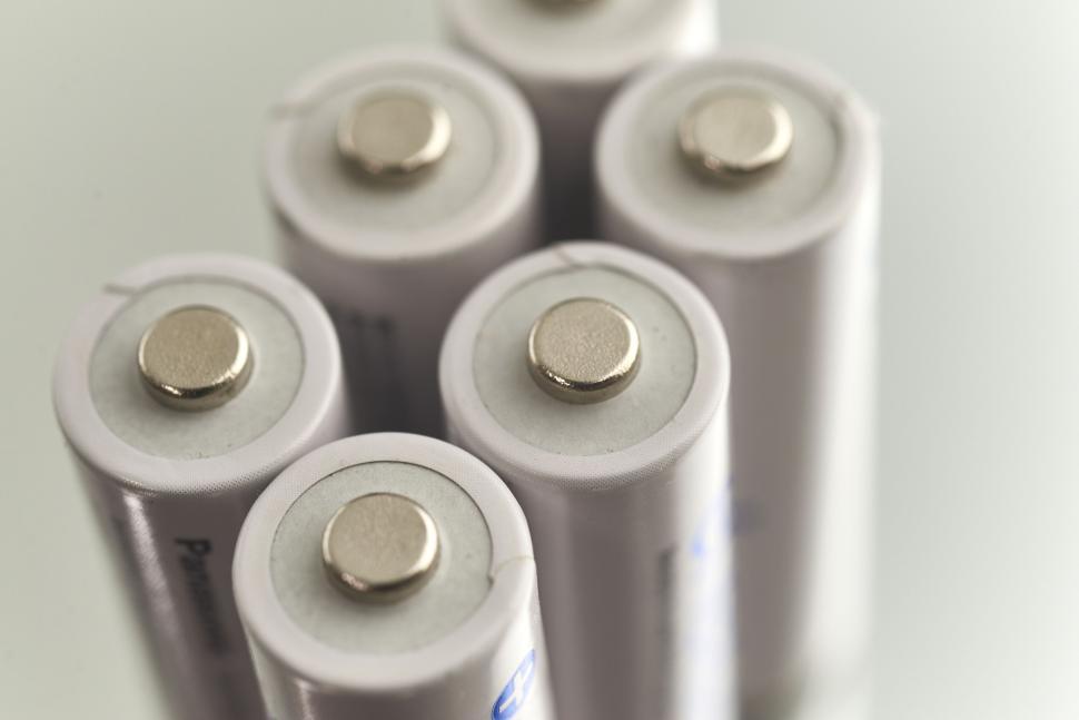Free Stock Photo of Close-up of six cylindrical batteries with metal ...