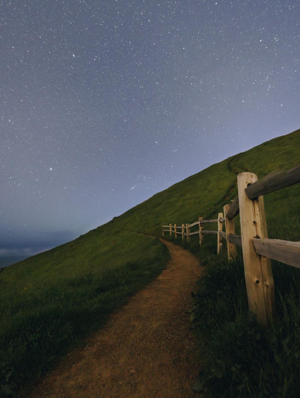 Free Stock Photo of Path on hillside under starlit sky with wooden ...
