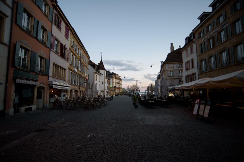 Free Stock Photo of Quiet town street at dusk with historic ...