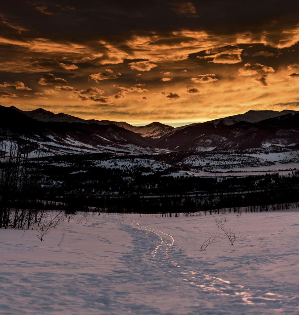 Free Stock Photo of Snowy path to mountain under dramatic sunset sky ...