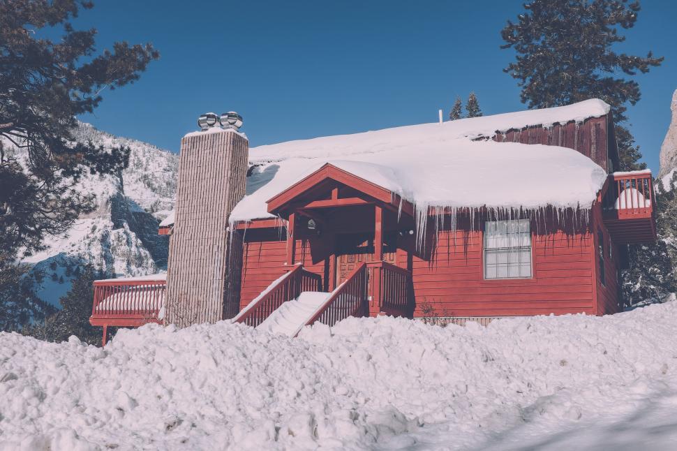 Free Stock Photo of Red cabin covered in snow with clear blue sky above ...