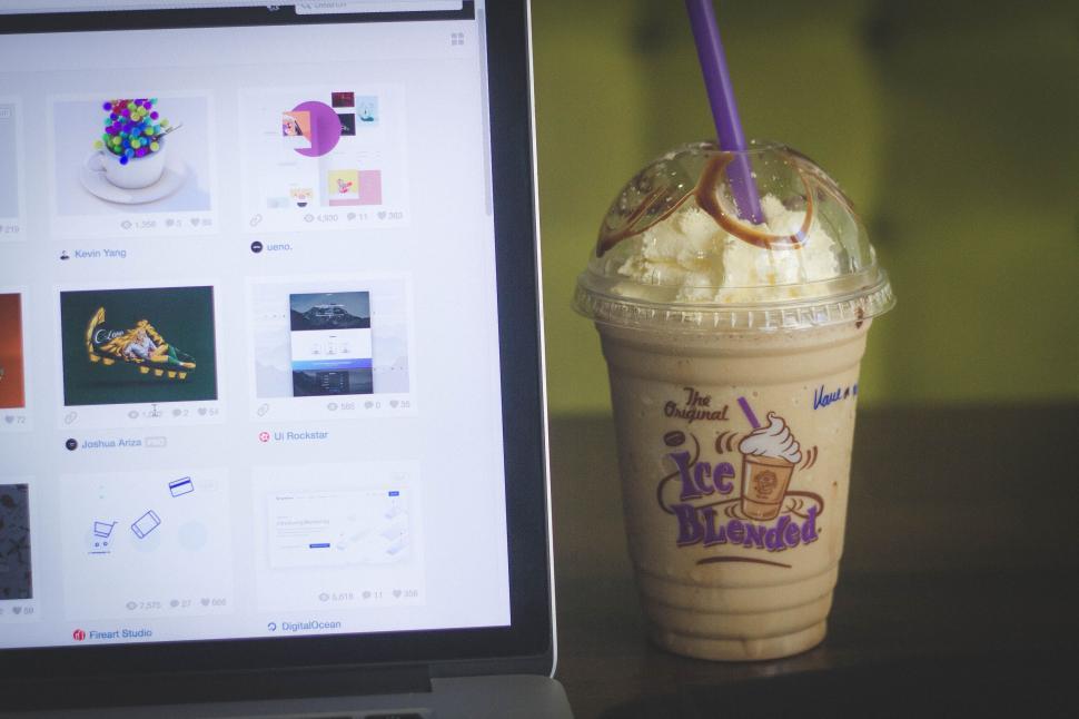 Free Stock Photo of Ice blended drink beside laptop with design mockups ...