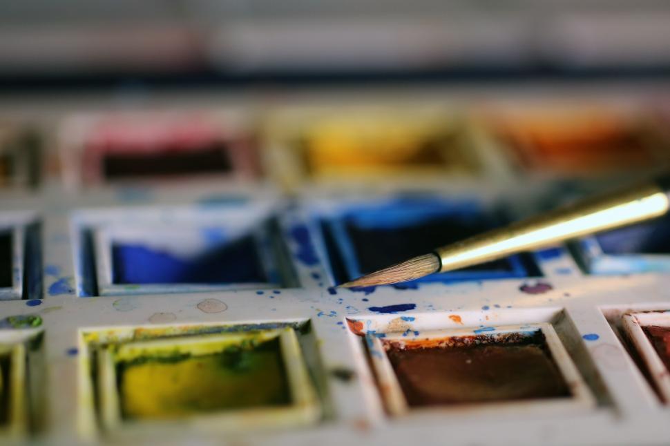 Free Stock Photo of Colorful paint palette with brush close-up view ...