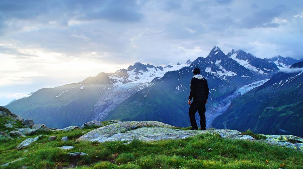 Free Stock Photo of Person viewing mountain landscape with snowy peaks ...