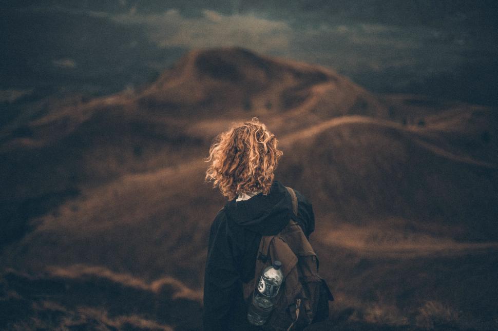 Free Stock Photo of Back view of person hiking with backpack on hilly ...