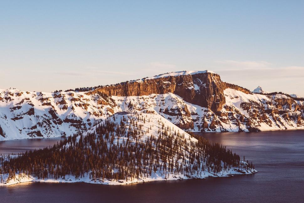 Free Stock Photo of Snow-capped mountain island in the middle of a lake ...
