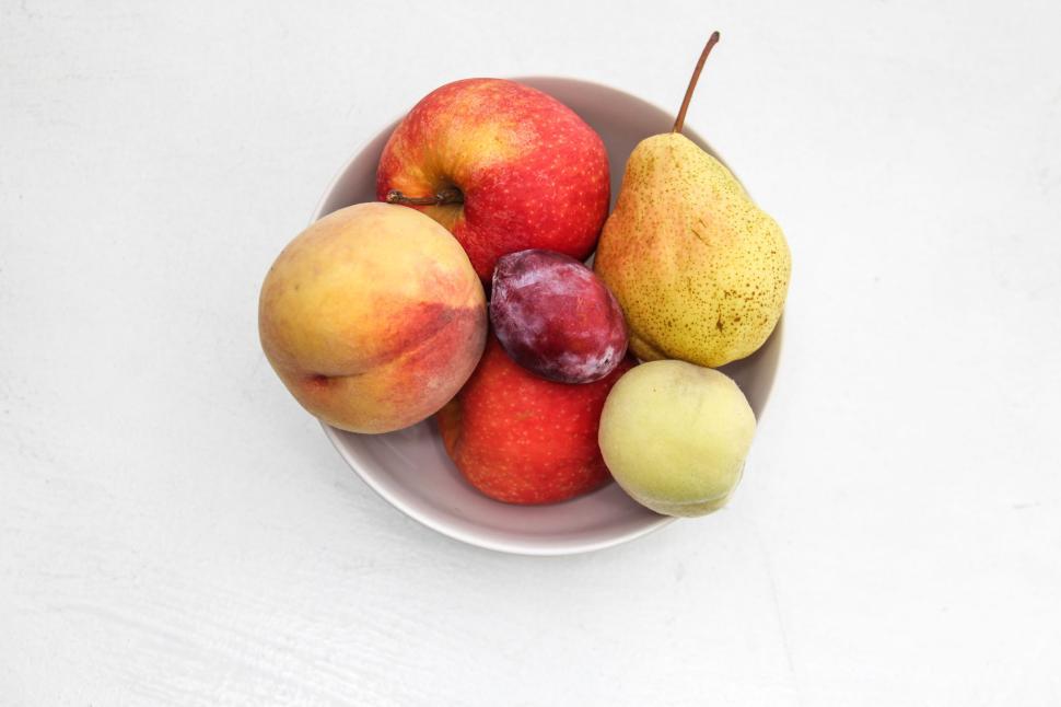 Free Stock Photo of Fruit bowl with apples, peach, pear, plum, and ...