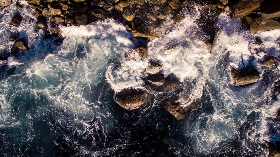 Free Stock Photo of Overhead view of waves crashing on rocky shoreline ...