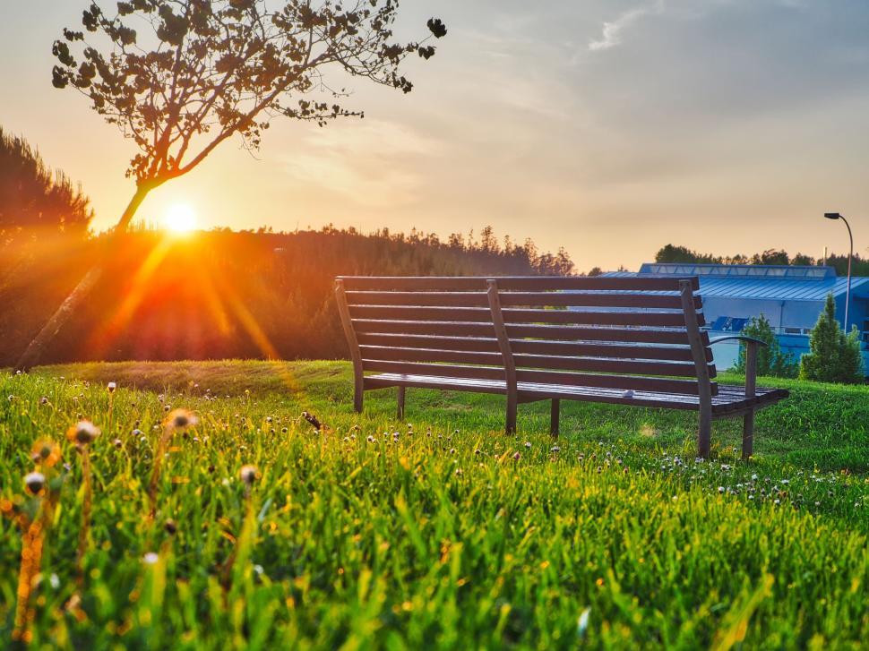 Free Stock Photo of Sunset over a park with a serene bench view ...