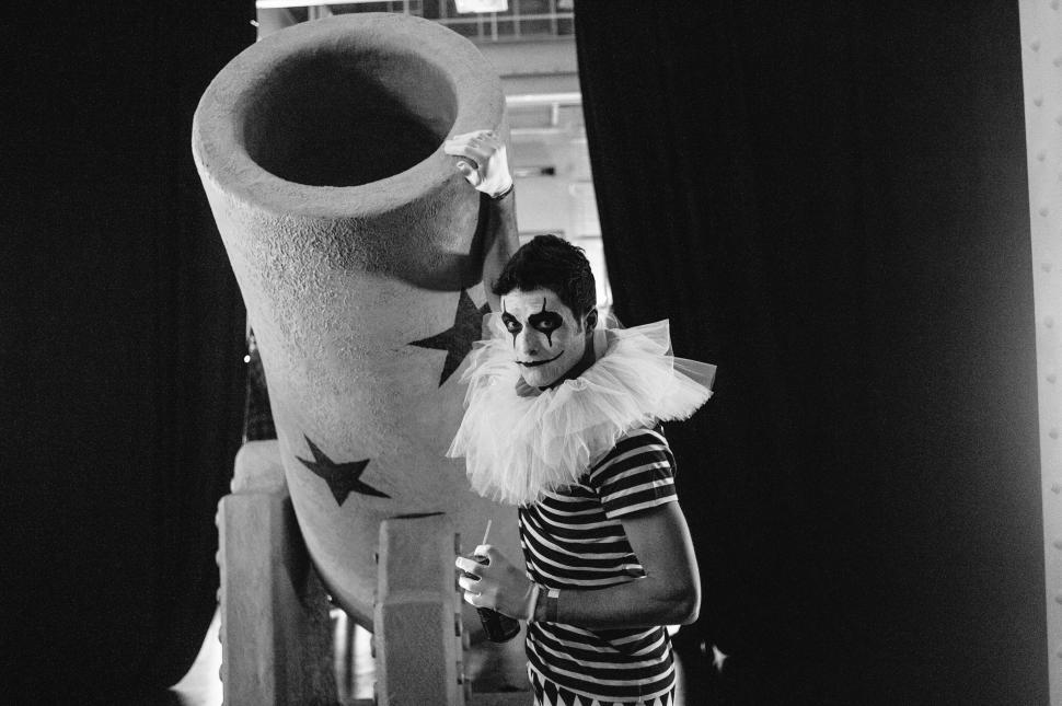 Free Stock Photo of Clown in costume next to giant cannon backstage at ...