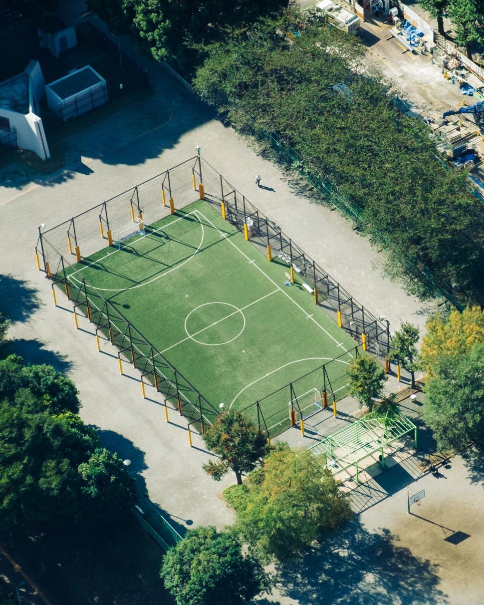 Free Stock Photo of Aerial view of secluded soccer field surrounded by ...