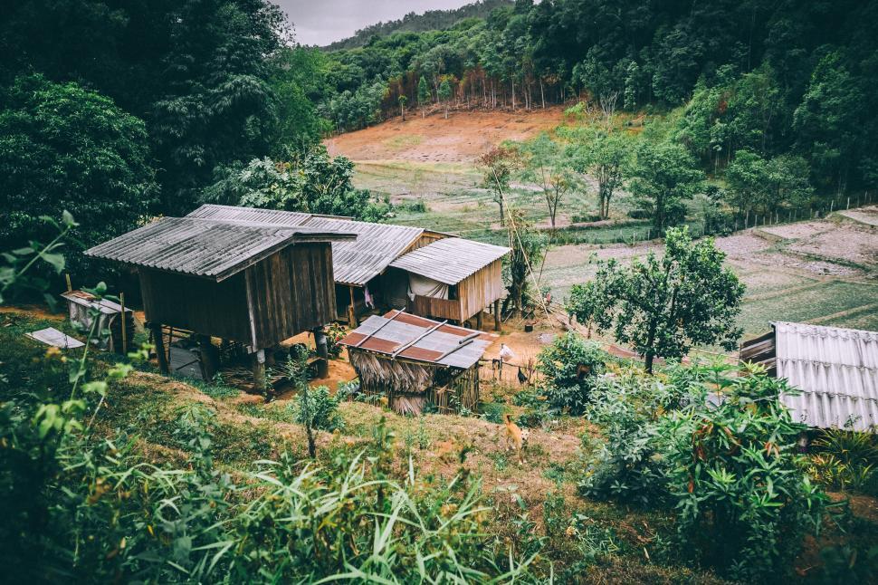 Free Stock Photo of Rustic rural scene with wooden houses in the ...