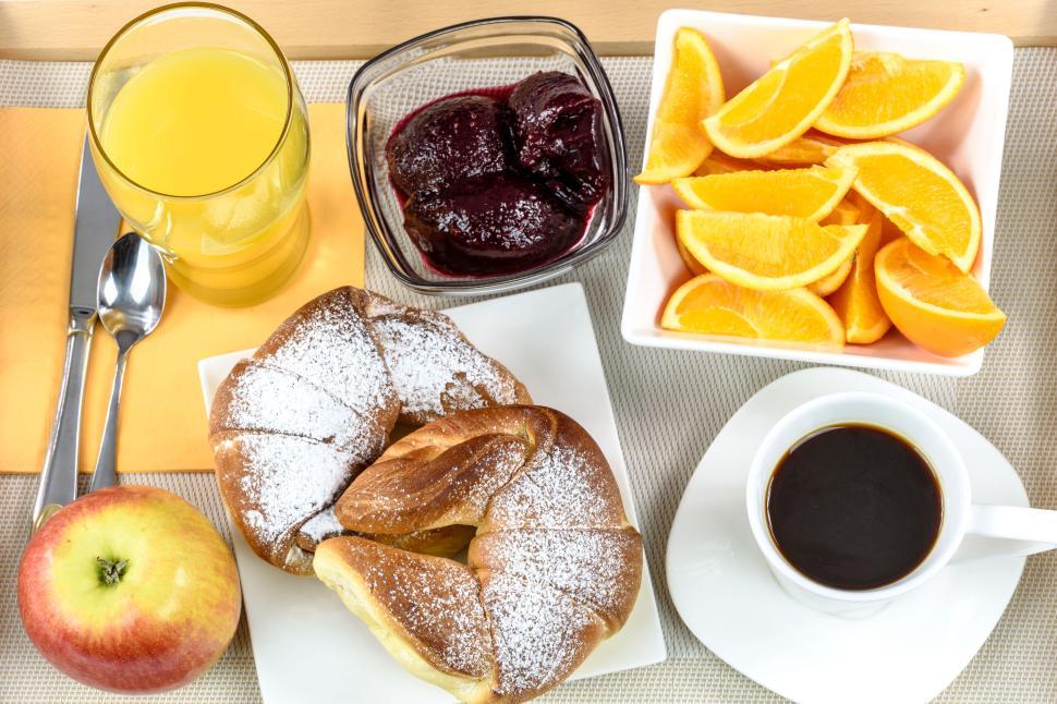 Free Stock Photo of Breakfast with pastries, fruits, and drinks on ...