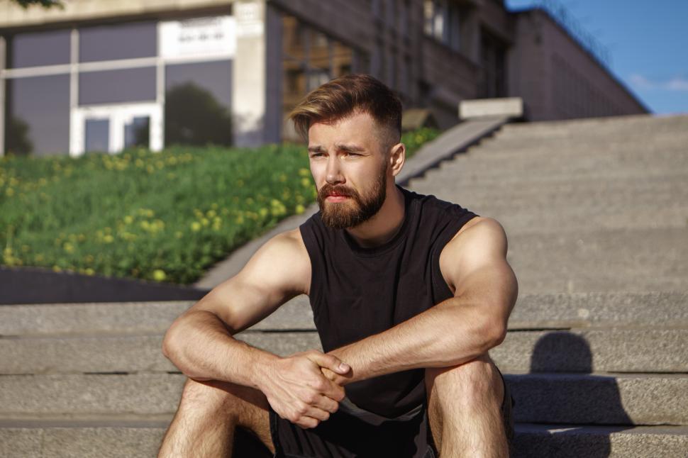 Free Stock Photo of Picture of thoughtful exhausted young male runner ...