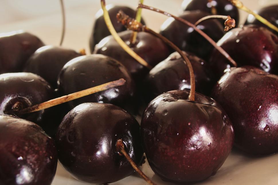 Free Stock Photo of Close-up of fresh, ripe, dark-colored cherries with ...