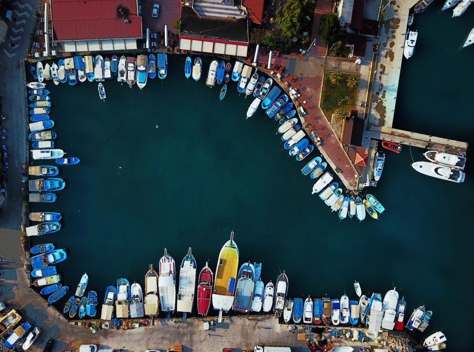Free Stock Photo of Aerial view of a marina filled with boats docked in ...