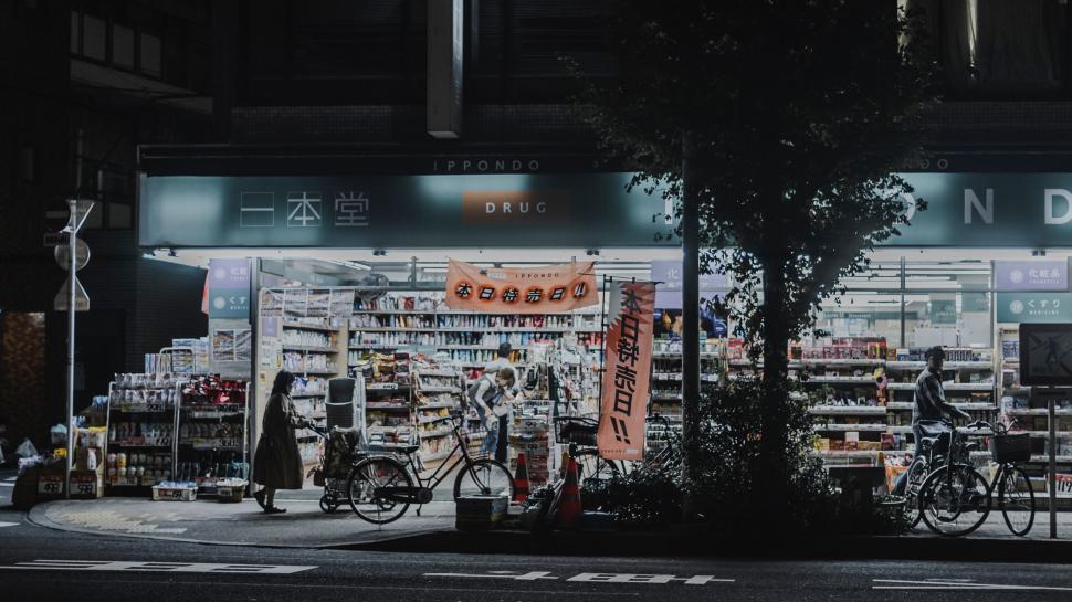Free Stock Photo of Night view of a well-stocked drugstore with ...