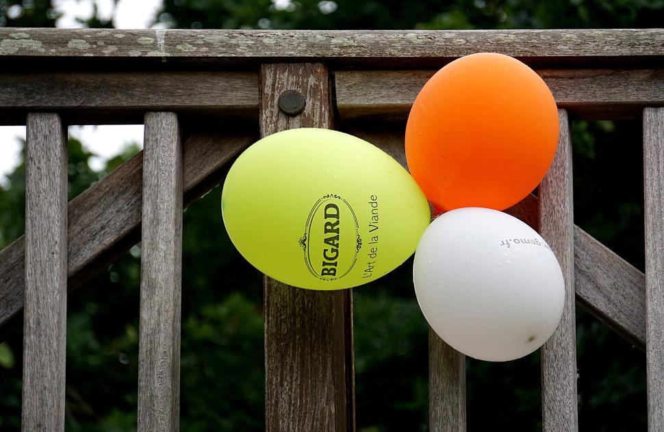Free Stock Photo of Three colorful balloons tied to wooden fence on a ...