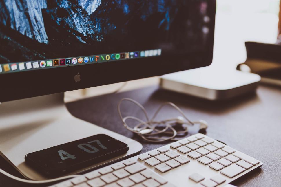 Free Stock Photo of Desktop computer setup with keyboard and smartphone ...