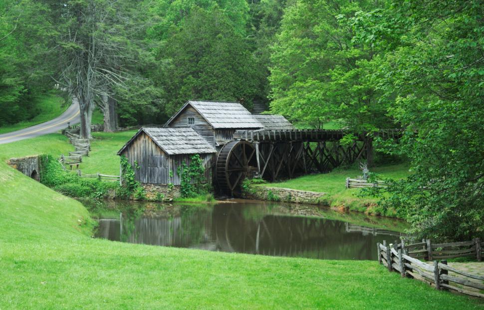Free Stock Photo of Rustic watermill and pond with lush green ...