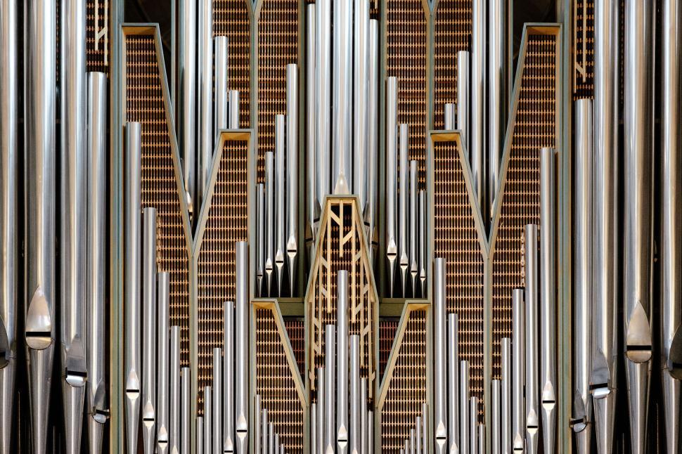 Free Stock Photo of Symmetrical pipe organ with golden decorative ...
