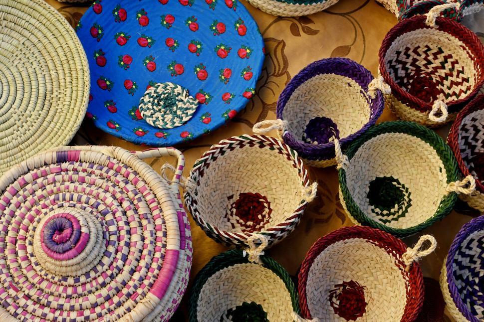 Free Stock Photo of Colorful woven baskets including circular and oval ...