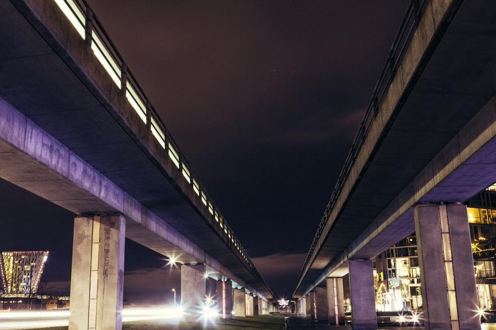 Free Stock Photo of Double elevated roadway at night with city lights ...