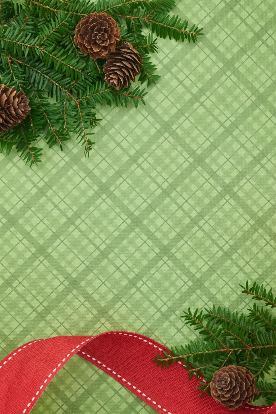Free Stock Photo of Green festive background with pine cones and ribbon ...