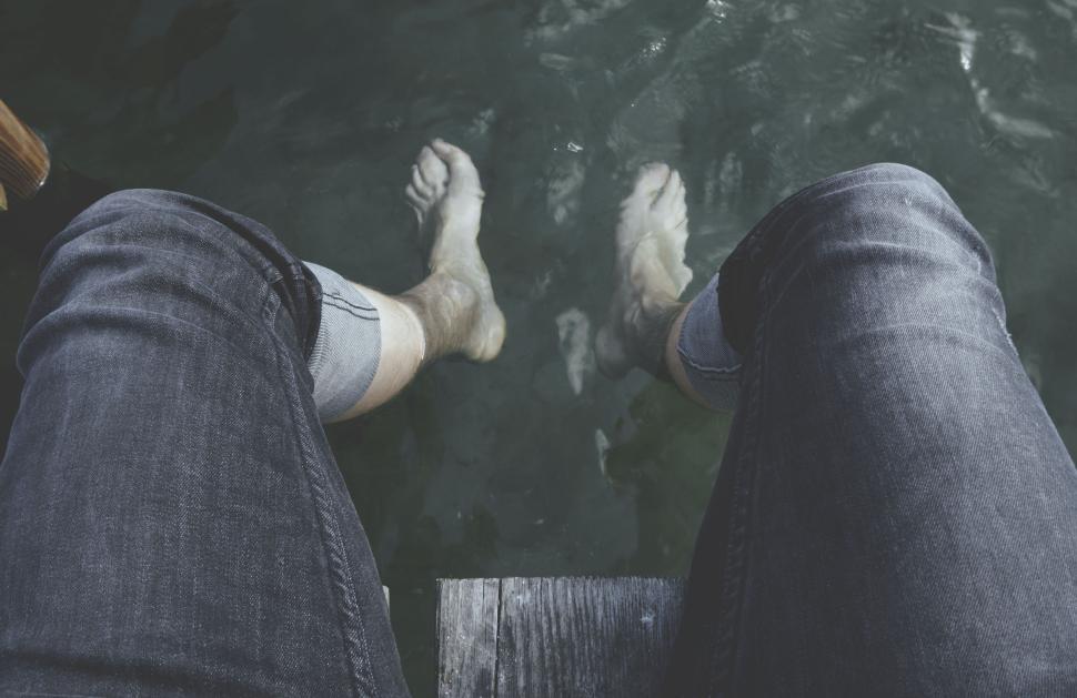 Free Stock Photo of Person dipping feet in calm water from wooden deck ...