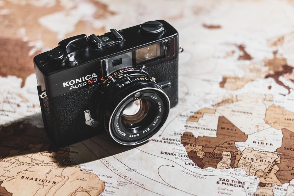 Free Stock Photo of Vintage black Konica camera placed on a detailed ...
