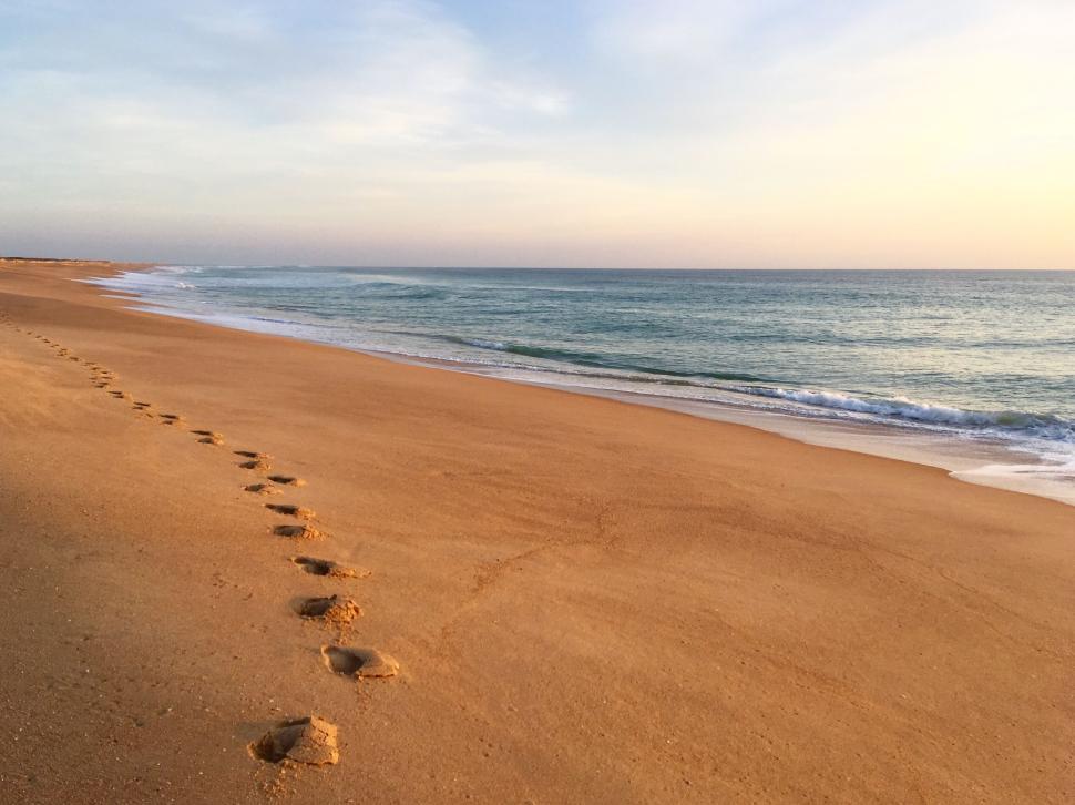 Free Stock Photo of Bright sandy beach with single set of footprints ...