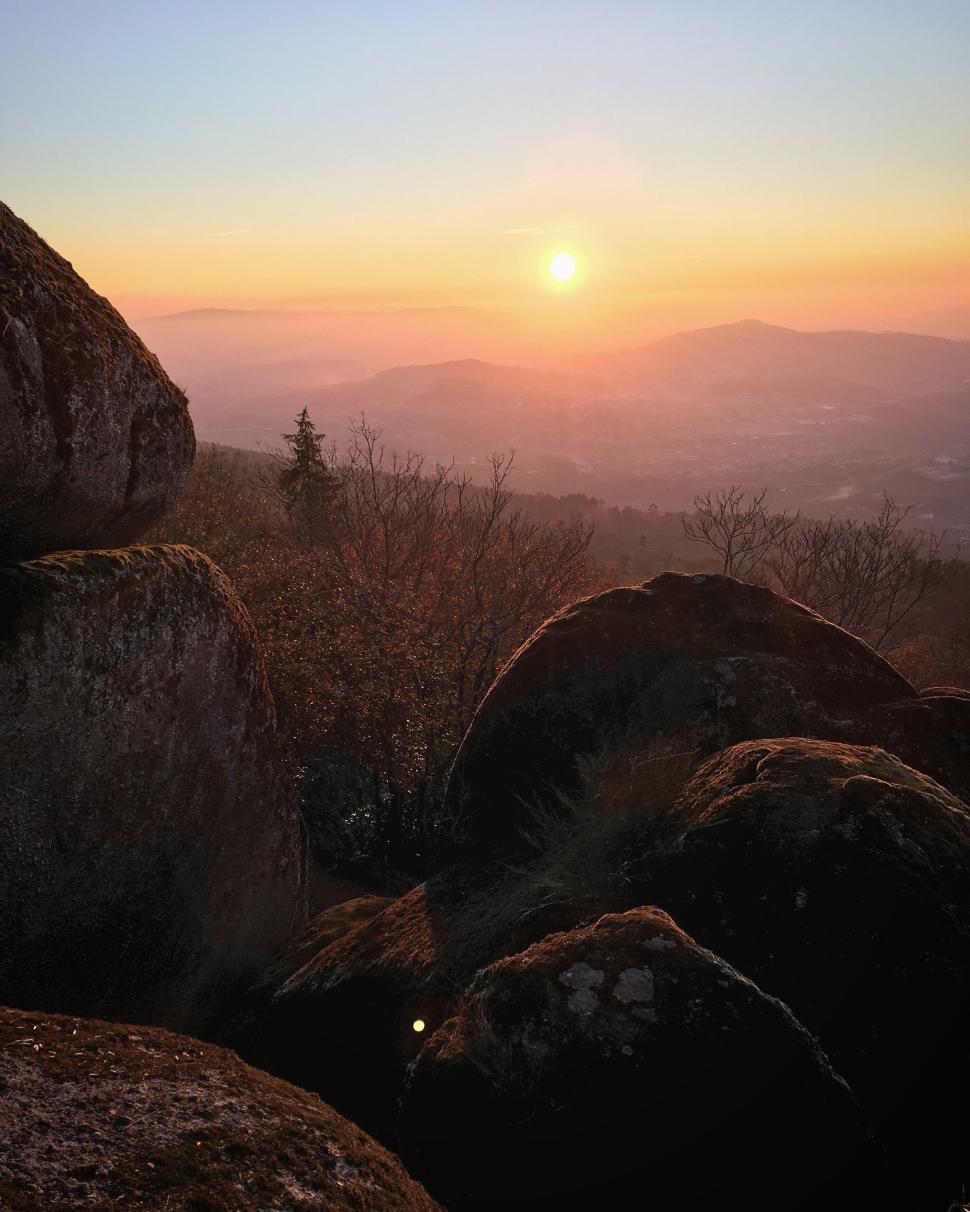Free Stock Photo of Sunrise over mountainous landscape with large rocks ...
