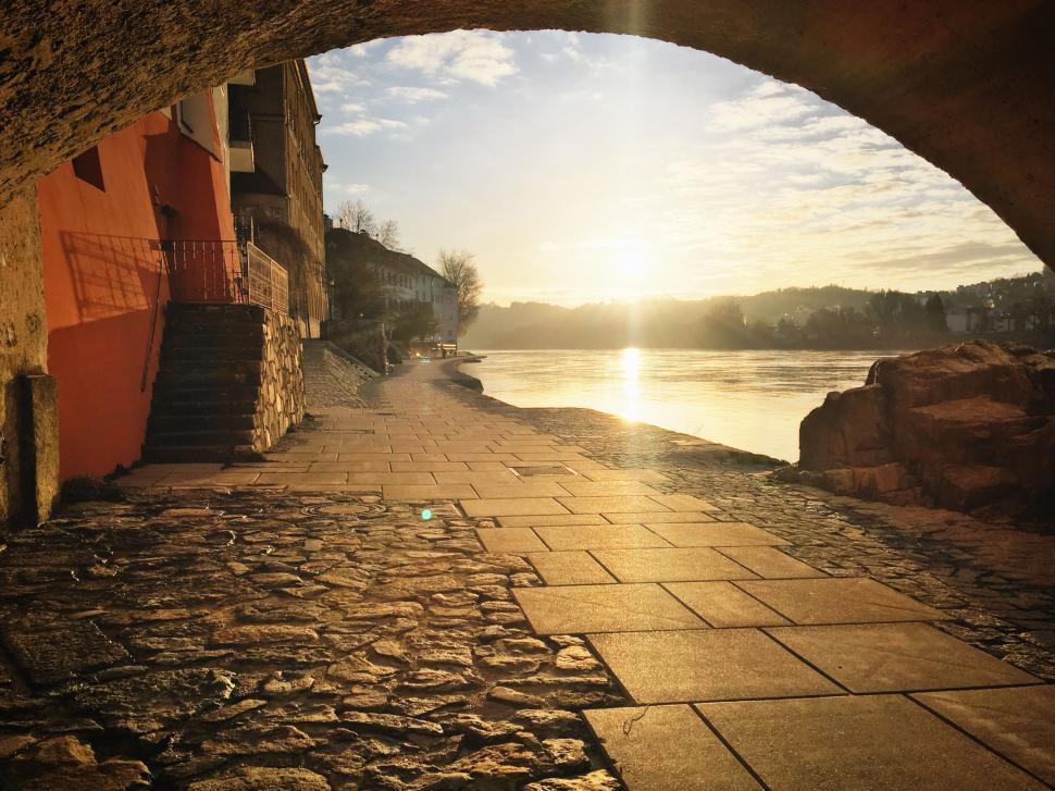 Free Stock Photo of Path under archway near river during sunset ...