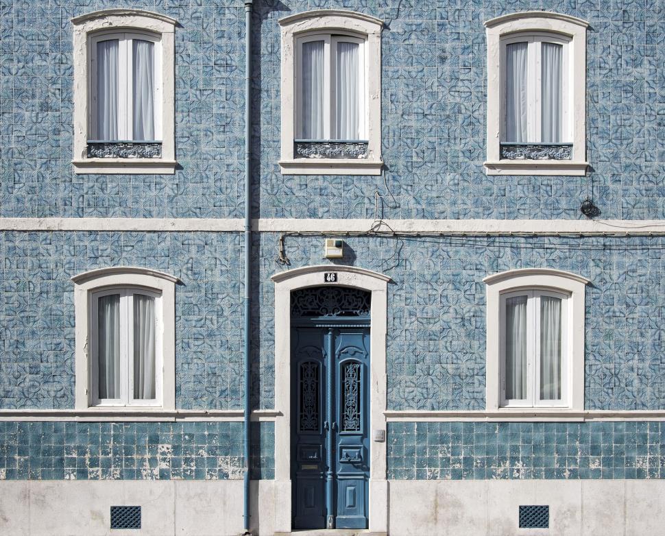 Free Stock Photo of Front view of blue patterned building with white ...