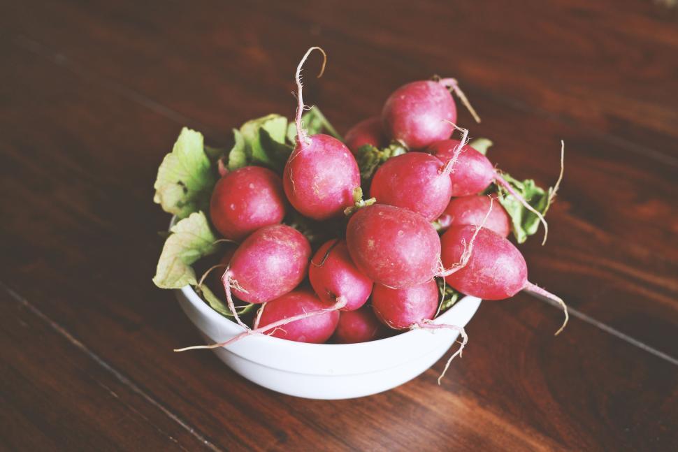 Free Stock Photo of Fresh radishes in a white bowl on wooden table ...