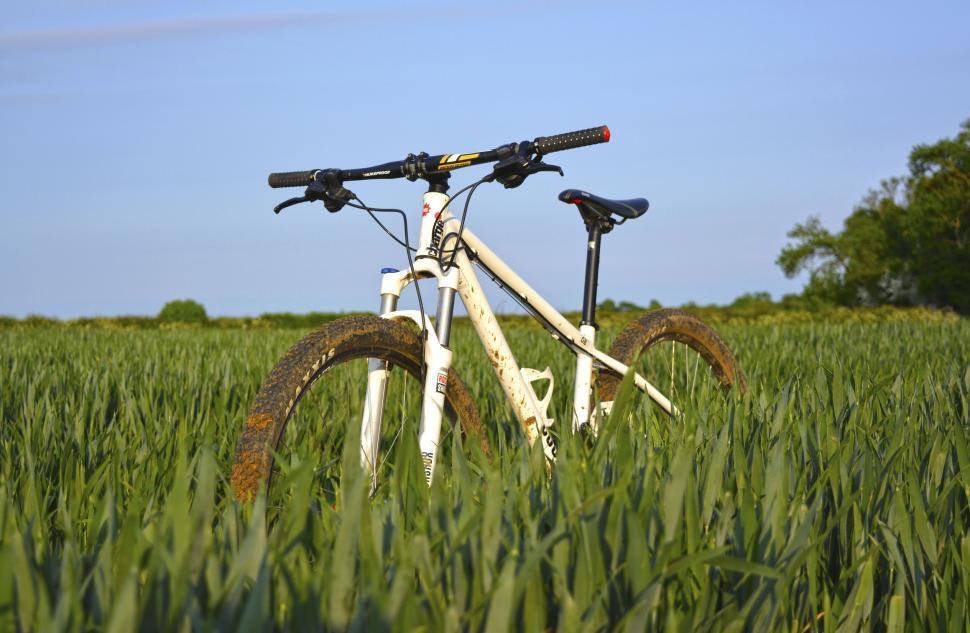 Free Stock Photo of Close-up of mountain bike in lush green field ...