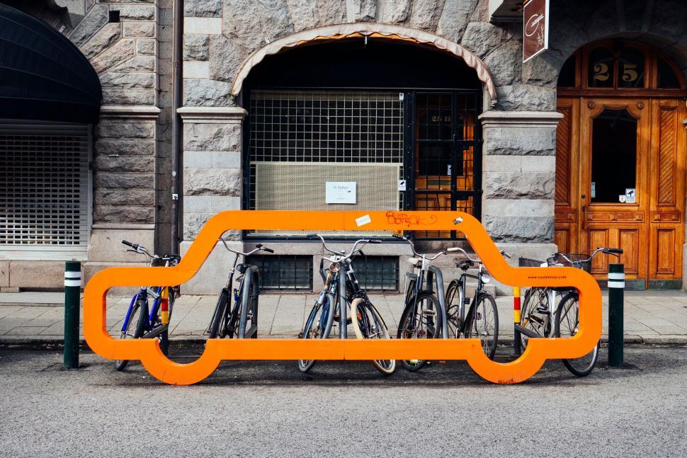 Free Stock Photo of Unique car-shaped bike rack against urban building ...