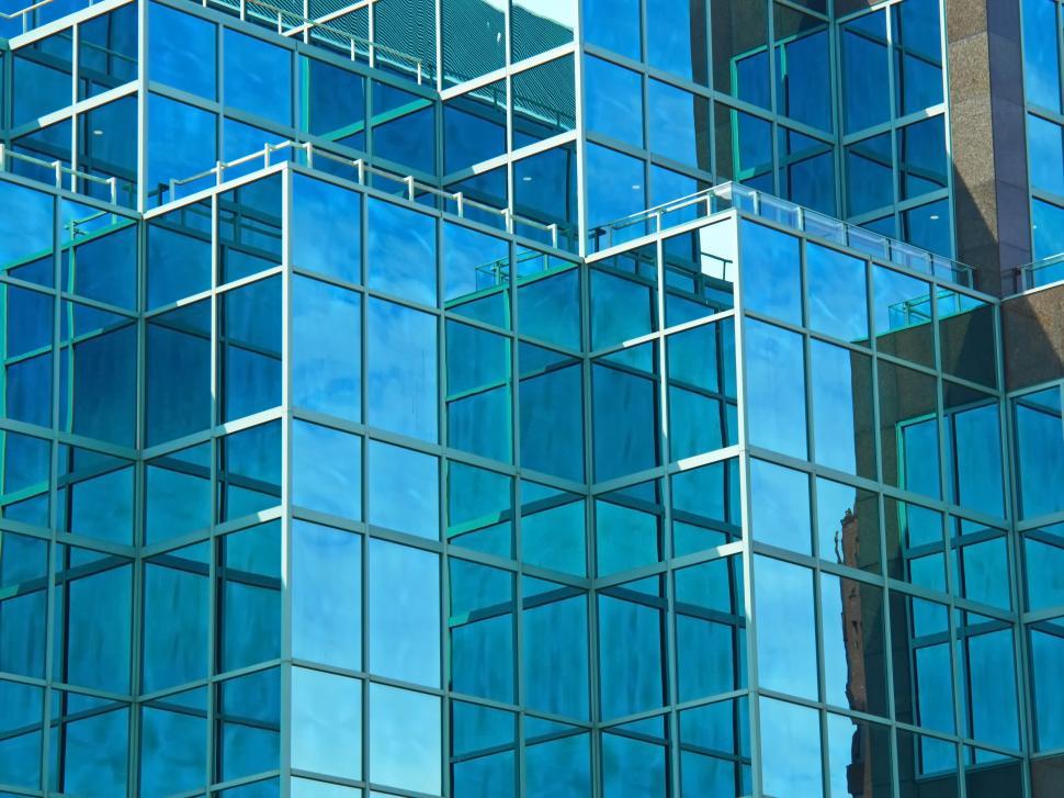 Free Stock Photo of Reflective blue glass building facade showing urban ...
