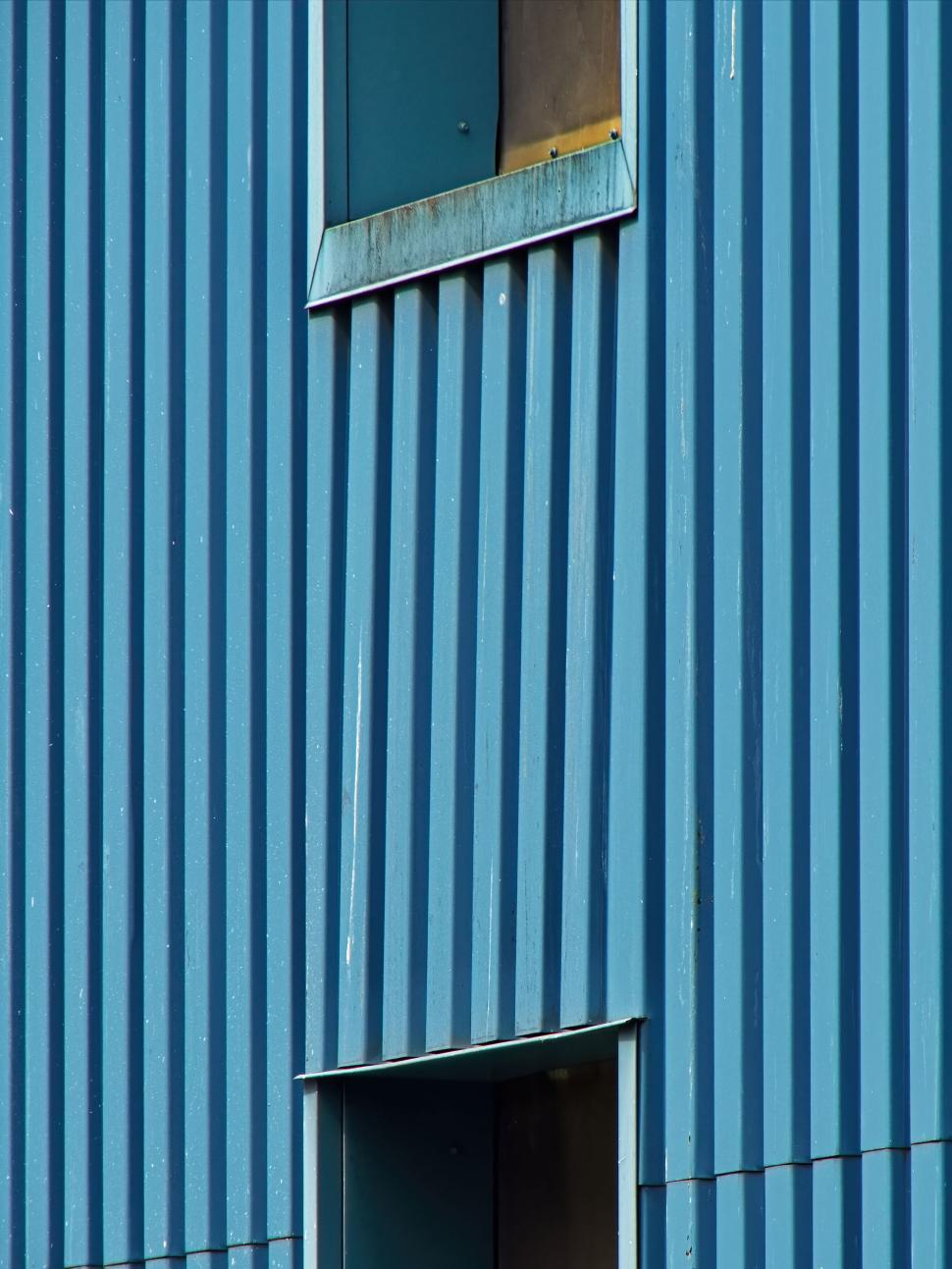 Free Stock Photo of Blue corrugated wall with windows in vertical lines ...
