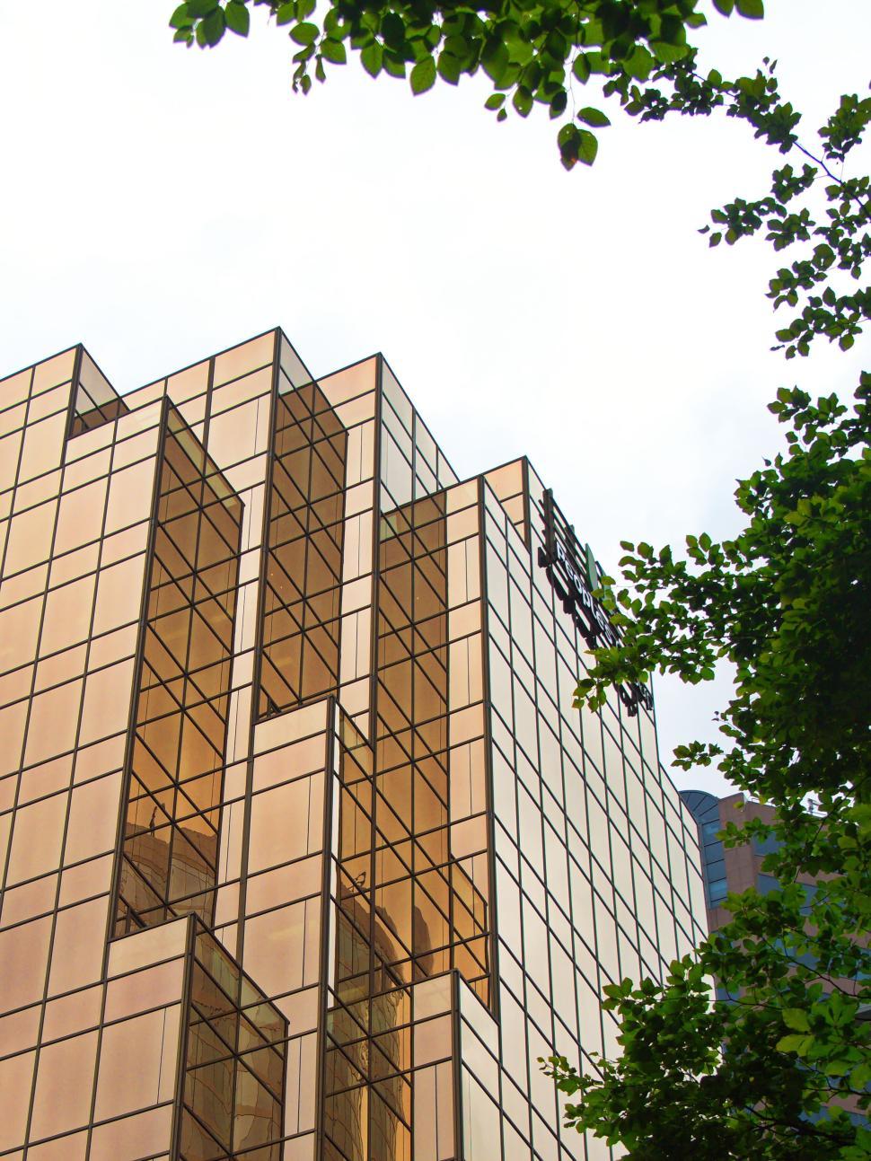 Free Stock Photo of Golden glass building under bright sky with green ...